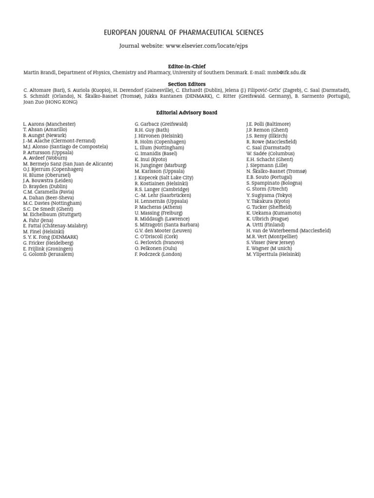 Editorial Board - 2018 - European Journal of Pharmaceutical Sciences | PDF