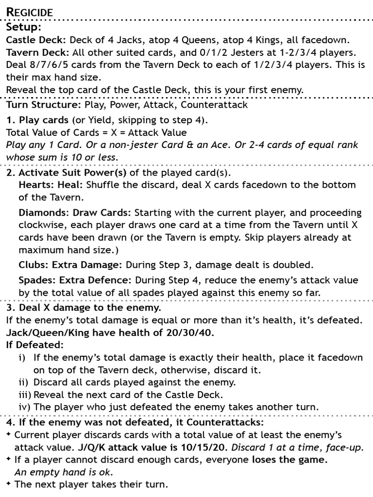 Regicide Condensed Rules | PDF | Playing Cards | Consumer Goods