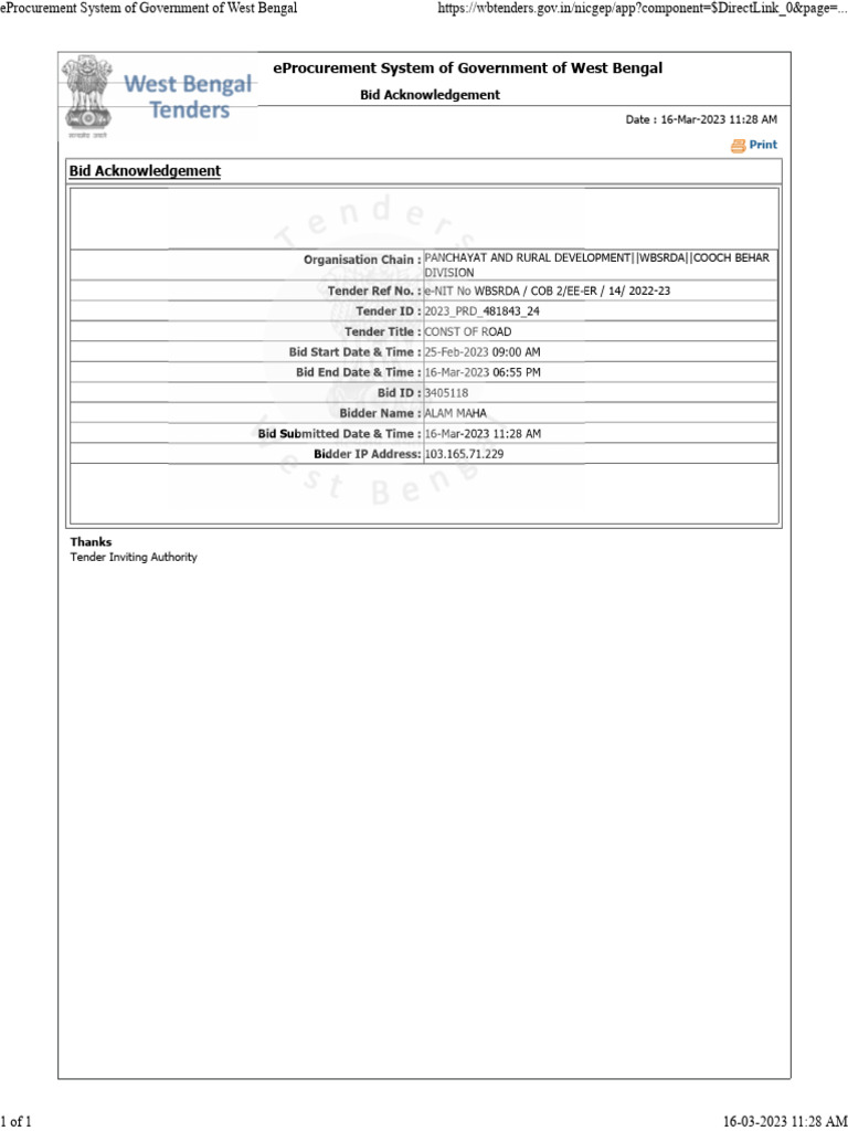 West Bengal eProcurement Bid Acknowledgement | PDF