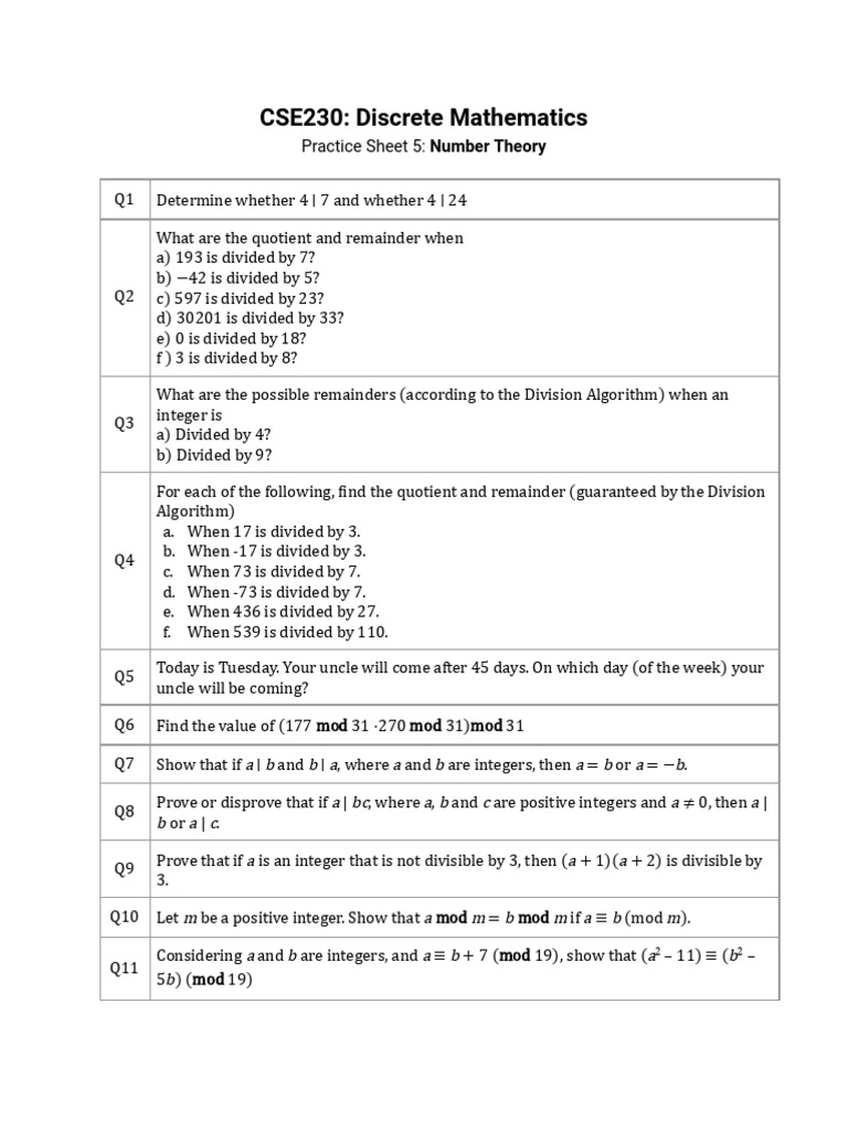 Number Theory Practice Problems | PDF | Numbers | Abstract Algebra