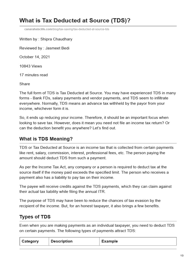 Understanding Tax Deducted at Source (TDS) | PDF | Taxes | Tax Refund