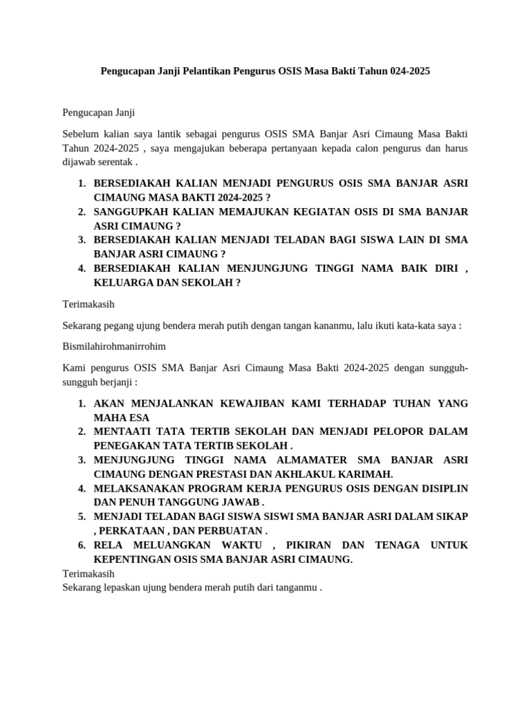Pengucapan Janji Pelantikan Pengurus OSIS Masa Bakti Tahun 2024-2025 | PDF