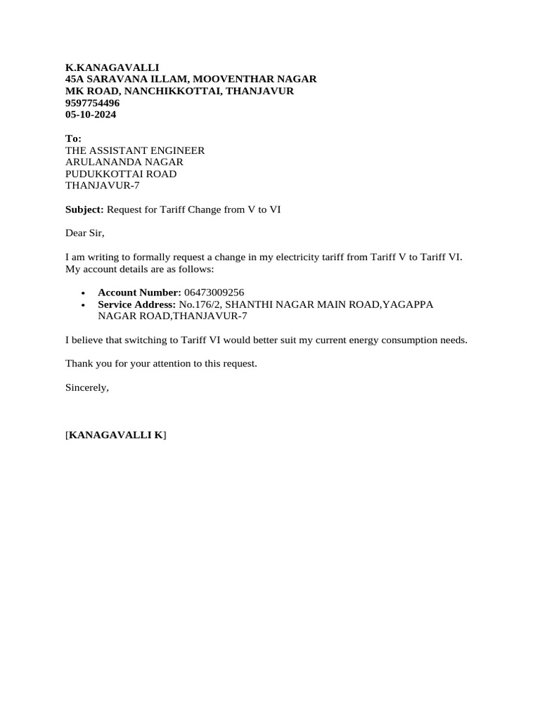 Tariff Change Letter | PDF