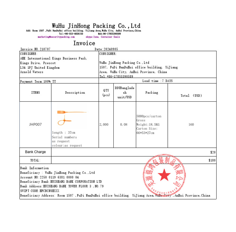 Invoice Plastic Seal 180usd | PDF