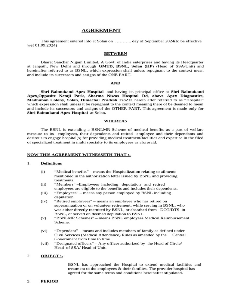Balmukund Apex Hospital AGREEMENT FINAL | PDF | Indemnity | Private Law