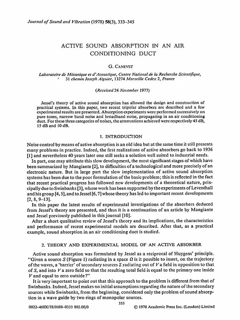 Canevet Active Sound Absorption in an Air Conditioning Duct 1978 | PDF ...