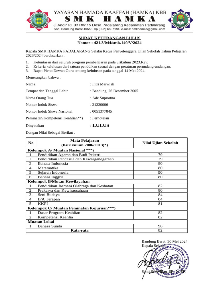 Surat Keterangan Lulus SMK 2024 | PDF
