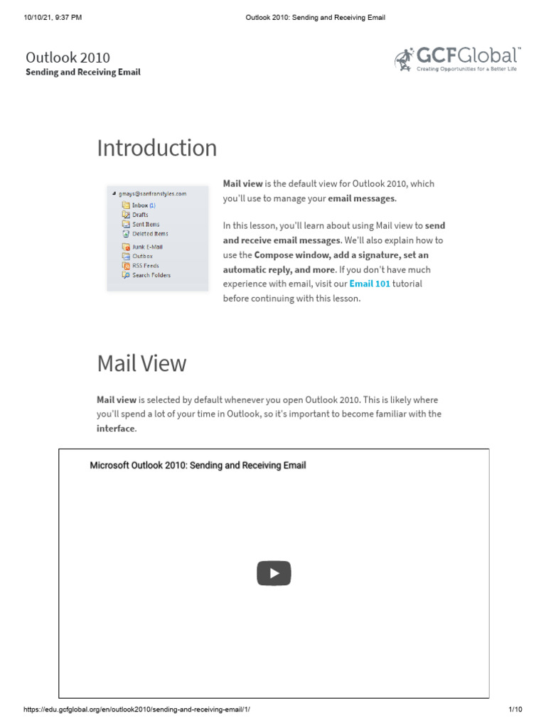 Outlook 2010 - Sending and Receiving Email | PDF | Microsoft Outlook ...