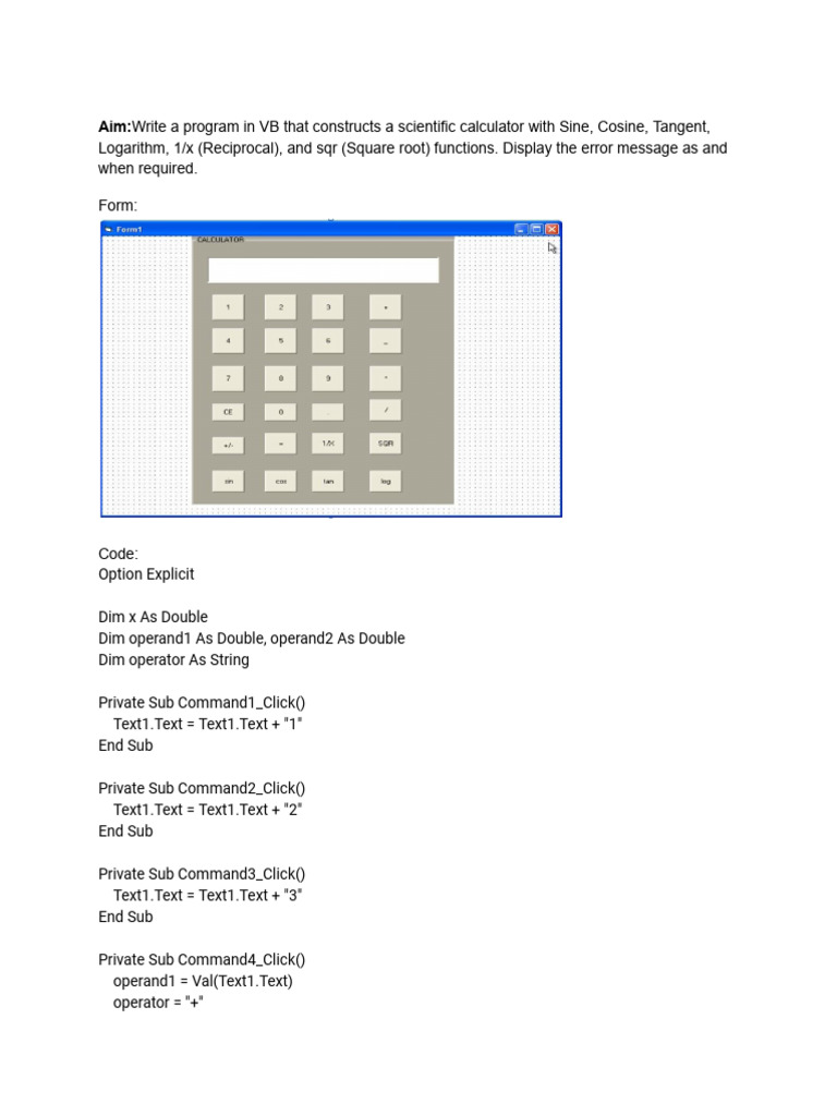 Aim - Write A Program in VB That Constructs A Scientific Calculator With Sine, Cosine, Tangent ...