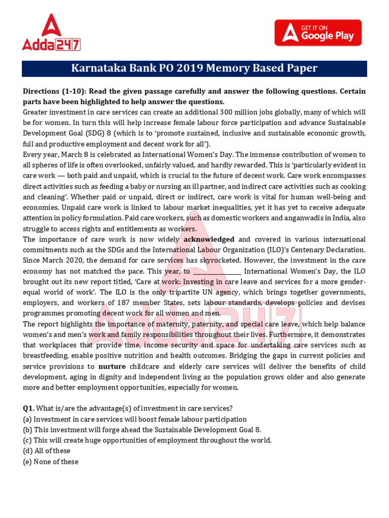 Karnataka Bank PO 2019 Memory Based Paper | PDF | International Labour Organization | Employment