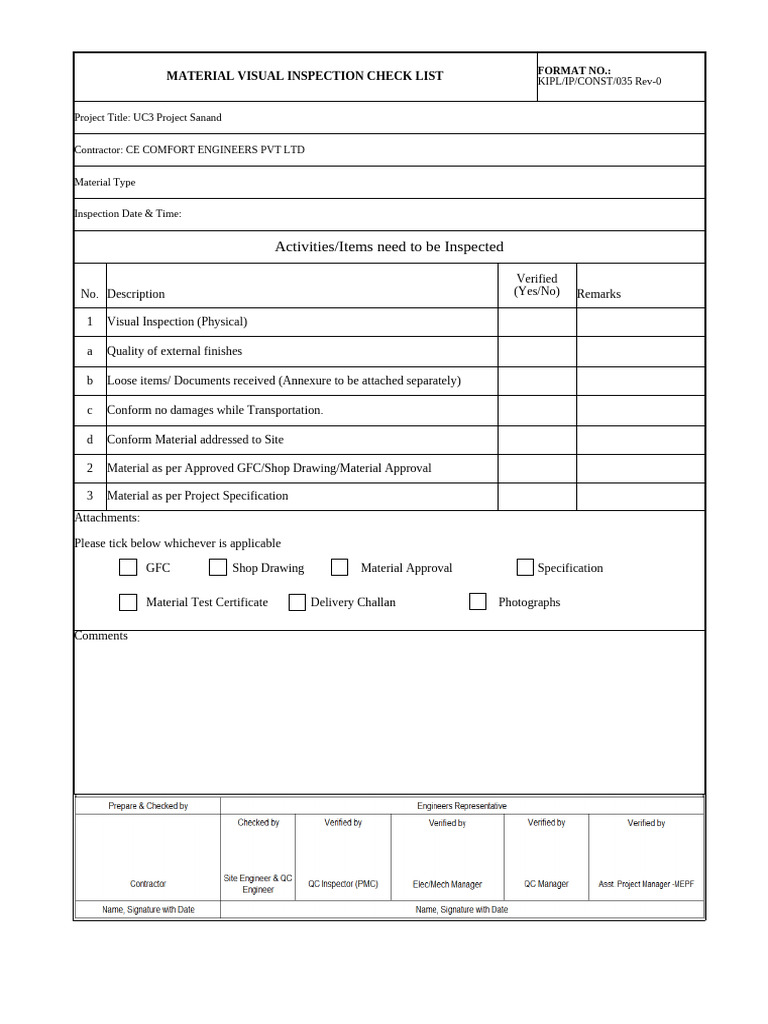 KIPL-IP-CONST-035 Rev 02 Material Inspection | PDF | Specification ...