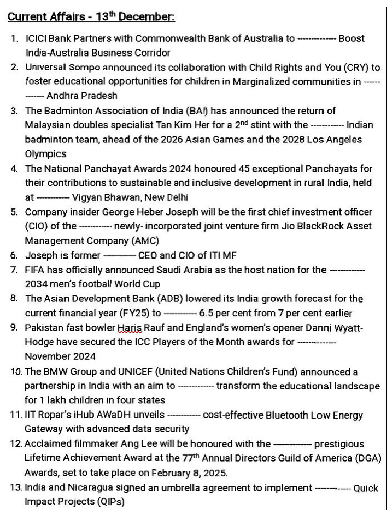 Current Affairs - 13th December | PDF