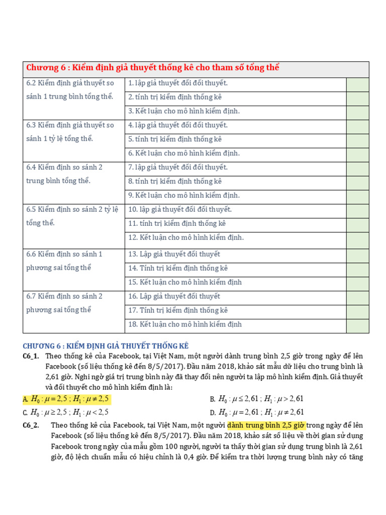Bai Tap - C6 - Kiem Dinh Gia Thuyet Thong Ke - Trac Nghiem | PDF
