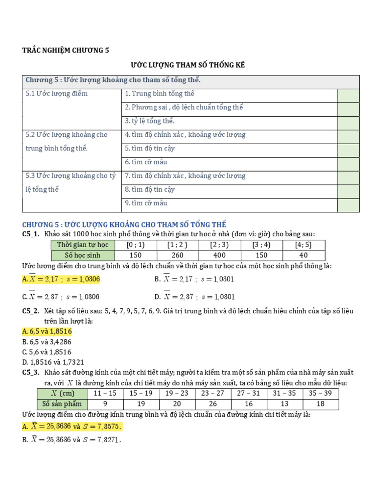 BAI TAP_C5_UOC LUONG KHOANG THAM SO THONG KE_TRAC NGHIEM | PDF