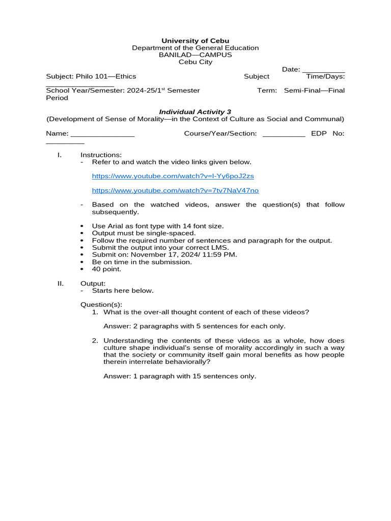 Individual Activity 3 - Development of Sense of Morality-In The Context of Culture As Social and ...