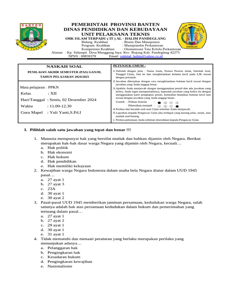 Soal PAS PPKN Kelas XII | PDF
