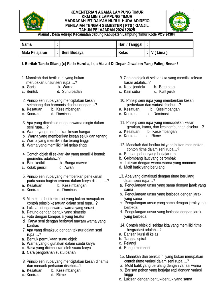 SOAL PTS GANJIL SENI BUDAYA KELAS 5 MI | PDF