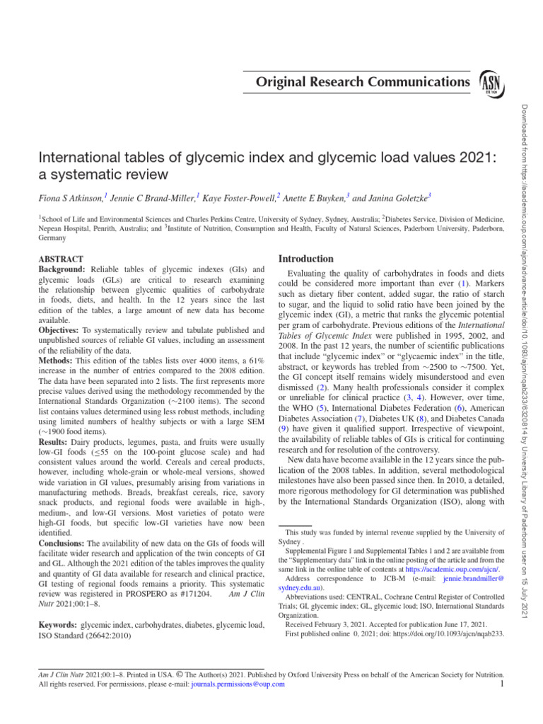 Atkinson - AJCN - 2021 - GI Tables | PDF | Glycemic Index | Glycemic Load
