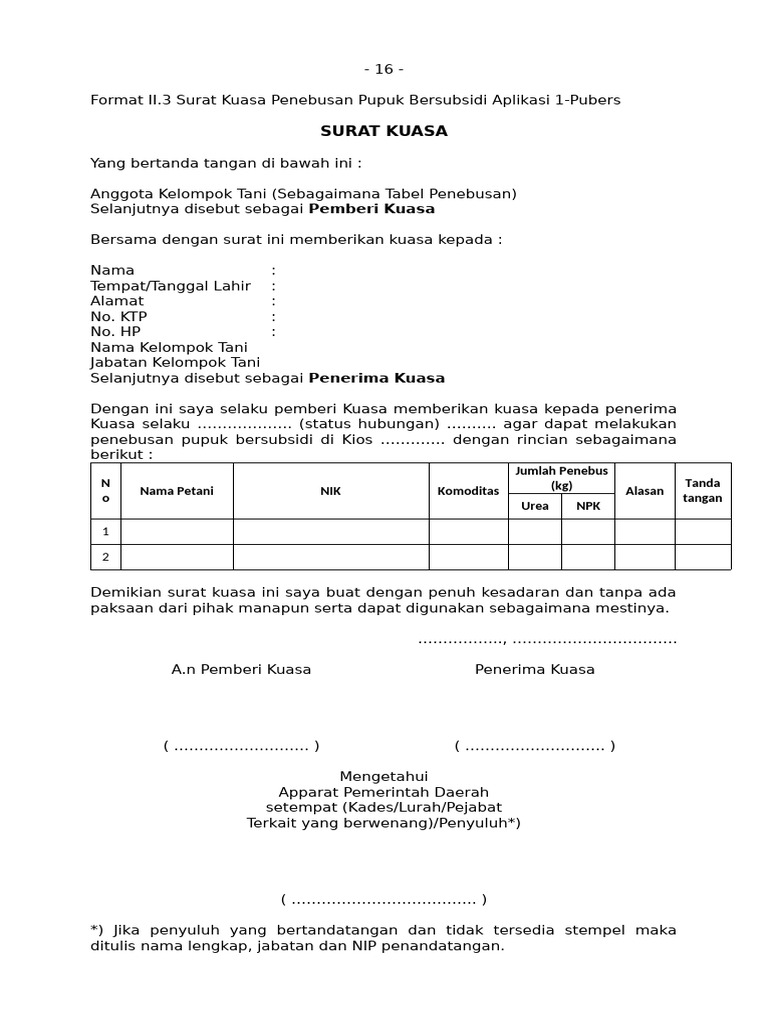 Surat Kuasa Pupuk Bersubsidi Blangko | PDF