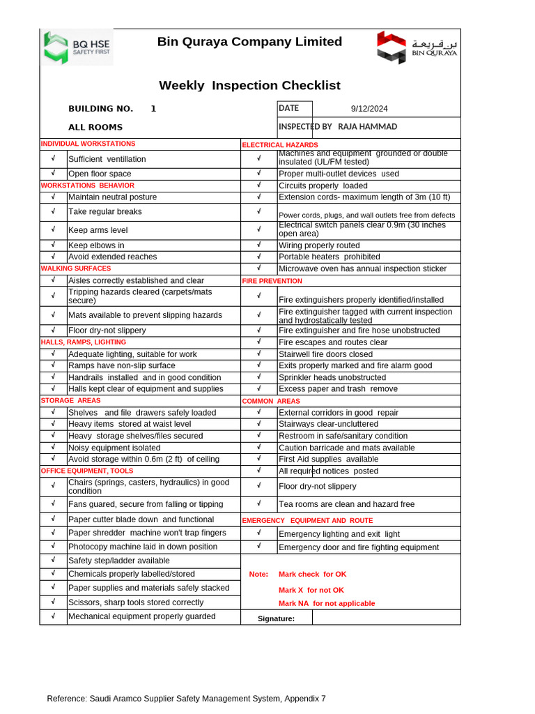 Bq-Hse-Off001 - 2024 Office Inspection Checklist | PDF | Manufactured Goods