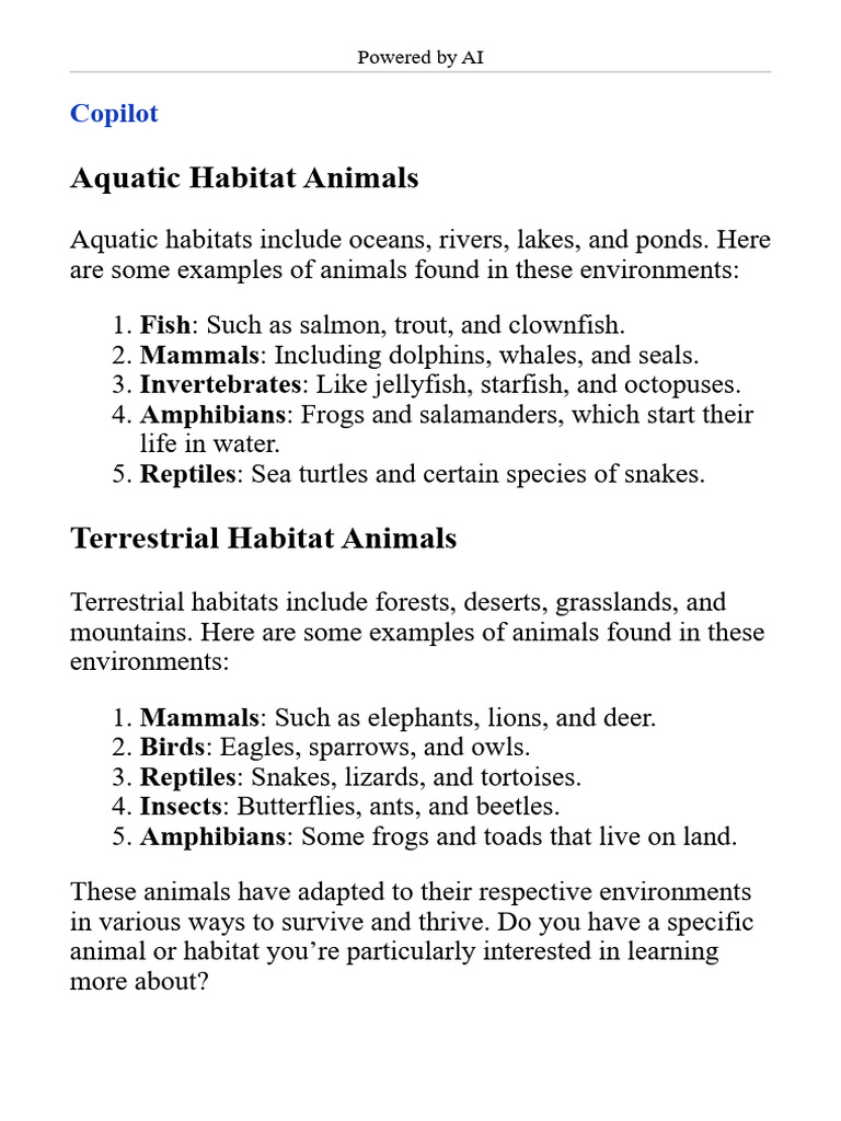 Aquatic and Terrestrial Habital Animals | PDF