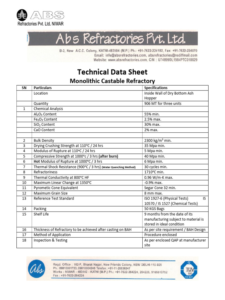 Monolithic Castable Refractory Data | PDF | Refractory | Secondary ...