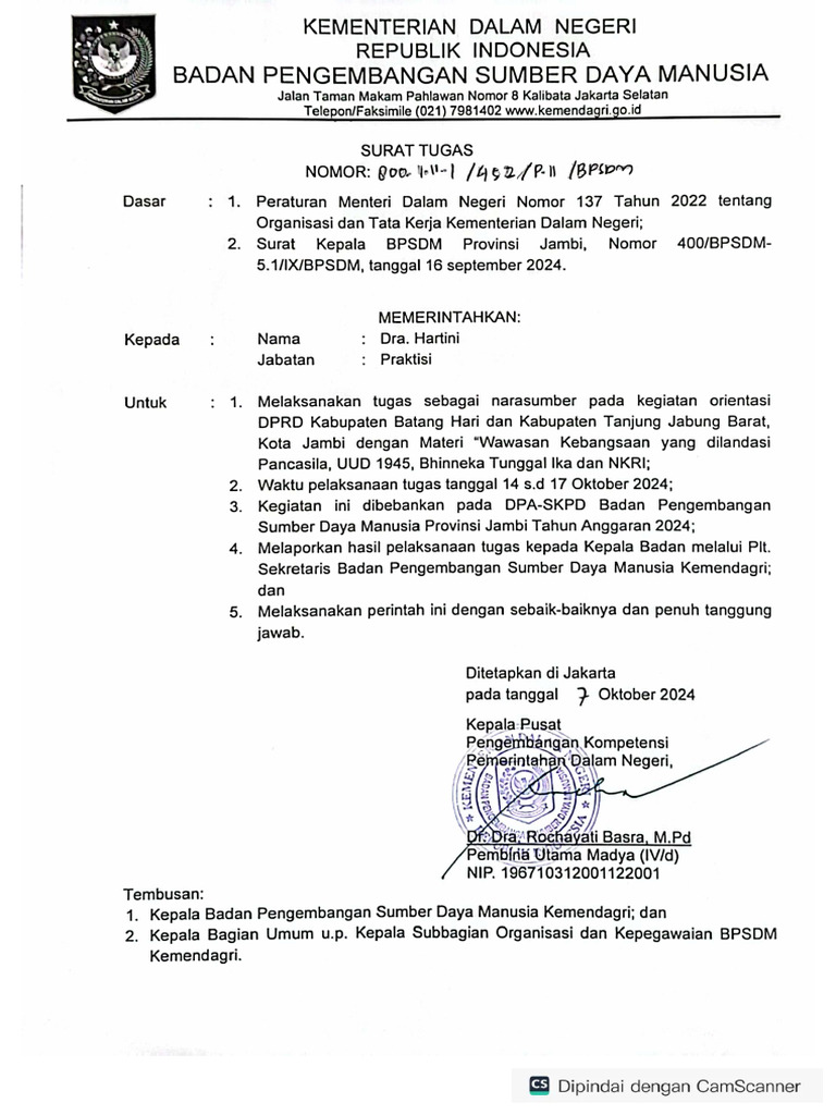 Surat Tugas Bu Hartini BPSDM Kemendagri 1417 | PDF