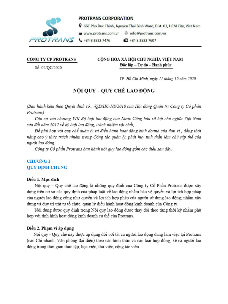 QUY CHẾ CÔNG TY CP PROTRANS | PDF