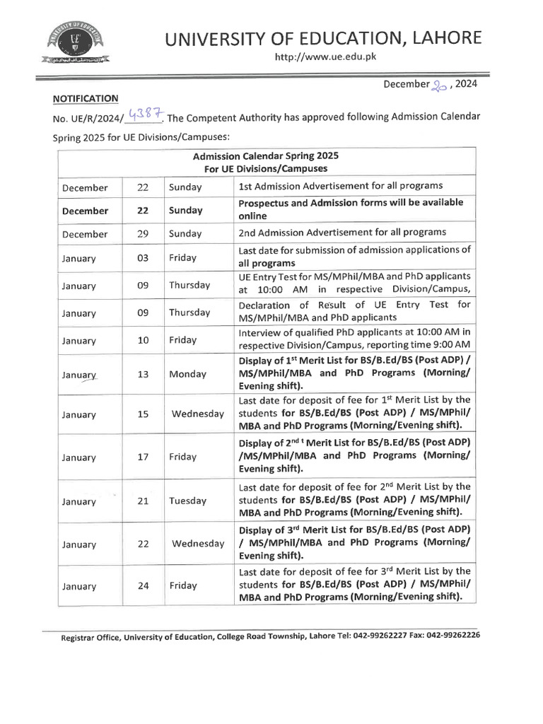 Admission Calendar of Spring 2025 Admission For Campus, Divisions | PDF