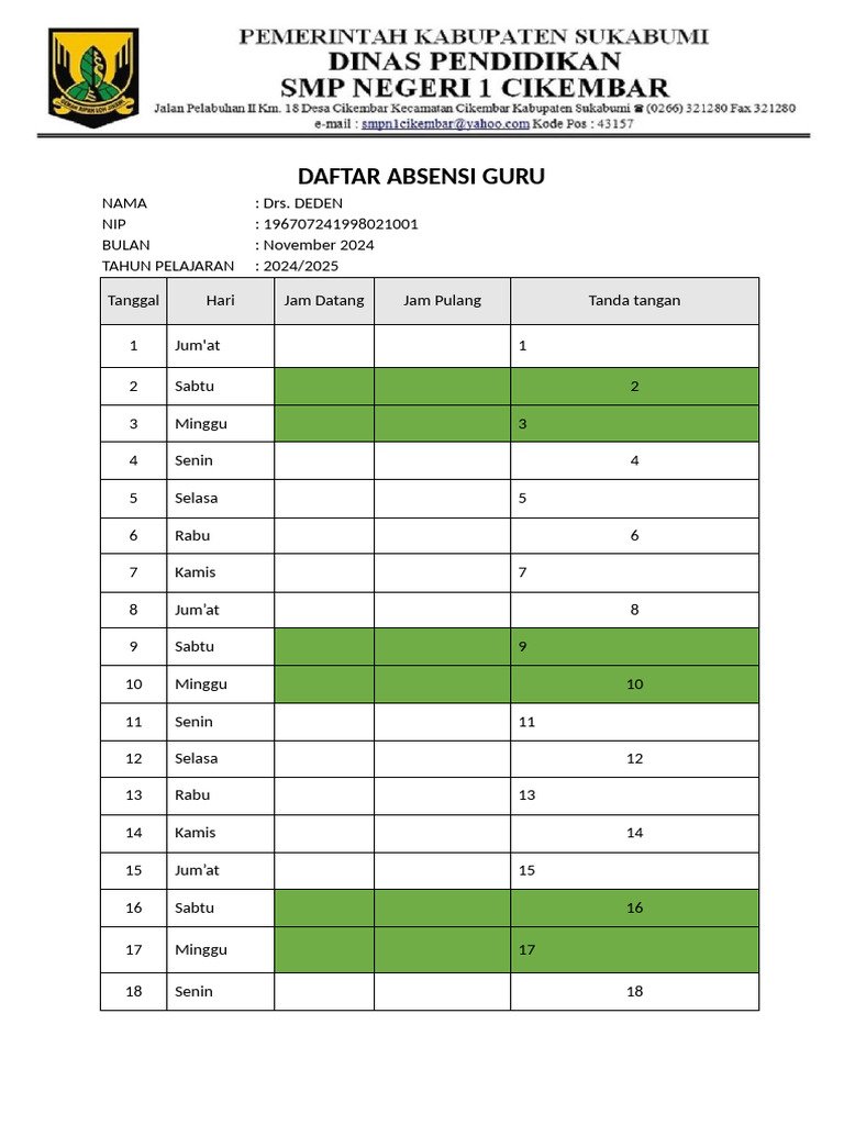 Absensi Guru Mapel November 2024 | PDF
