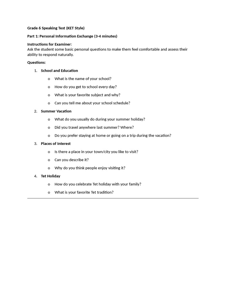 Grade 6 & 10 Speaking Test Guide | PDF | Cognition