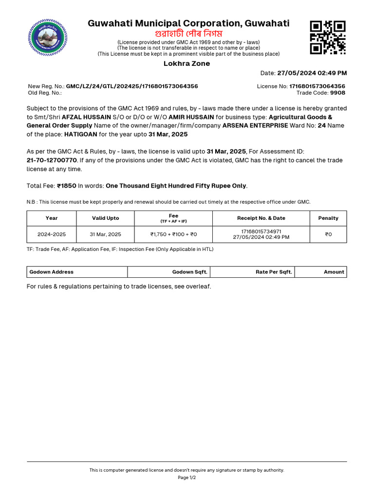 Guwahati Trade License Details 2024-2025 | PDF | License