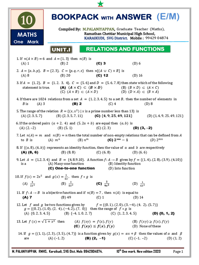 10th Grade Maths One Mark Questions | PDF | Matrix (Mathematics) | Sphere