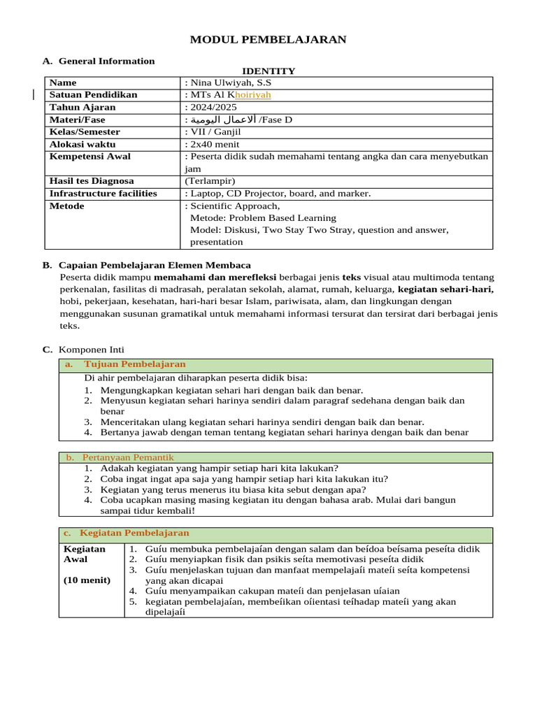 Contoh Modul Bahasa Arab Kelas Vii | PDF