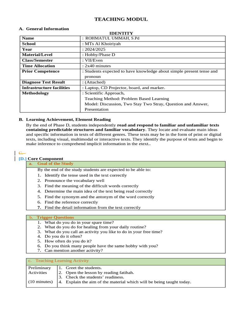 Contoh Modul Bahasa Ingris Hobby Grade 7 | PDF | Vocabulary | Linguistics