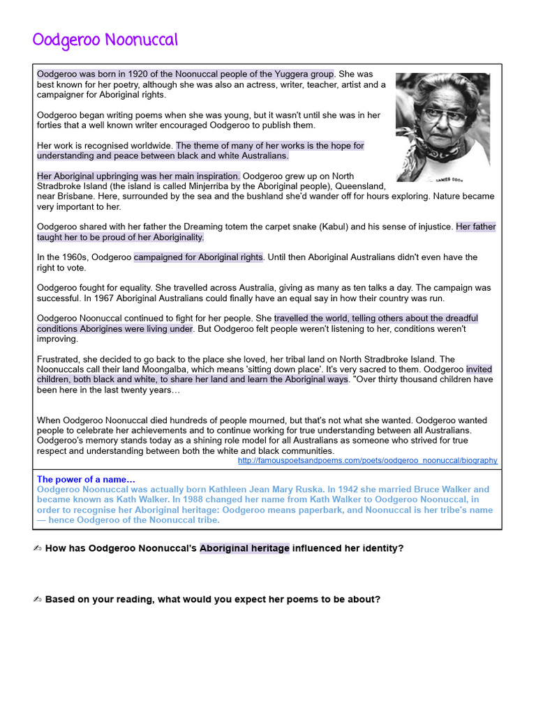 10ENG1 New Worlds - Then and Now, Oodgeroo Noonuccal | PDF