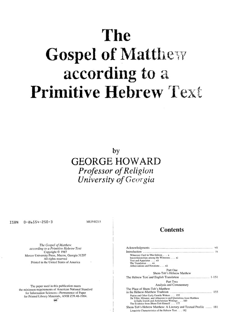 Gospel of Matthew According To A Primitive Hebrew Text by George Howard ...