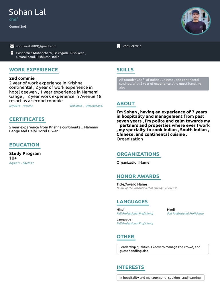 Sohan's Resume | PDF | Foods | Cuisine