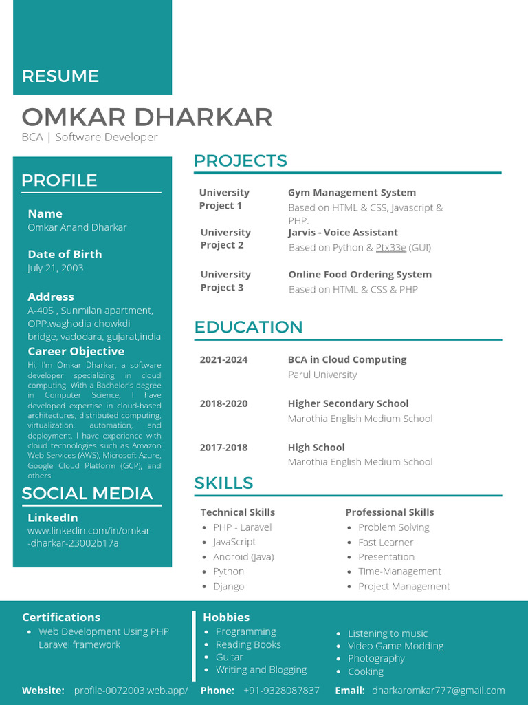 Omkar Dharkar: BCA Software Developer Resume | PDF | Cloud Computing | Information Technology