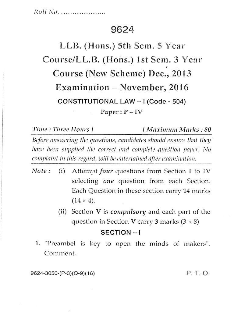 Previous Year Question Papers of Constitutional Law-I | PDF