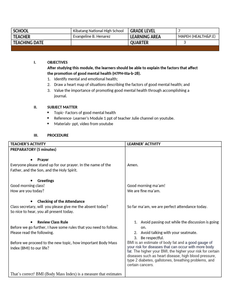 Grade 7 LP Mapeh Mental Health (P.e&health) | PDF | Mental Health | Obesity