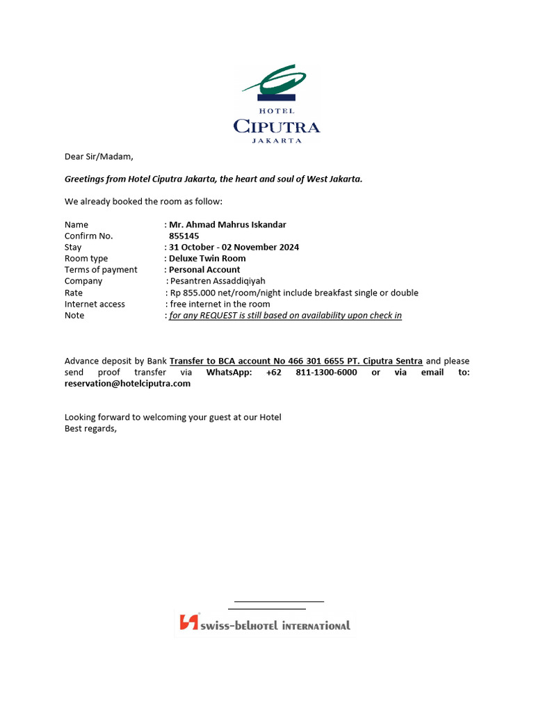 Confirmation Letter Mr. Ahmad Mahrus Iskandar Revise | PDF