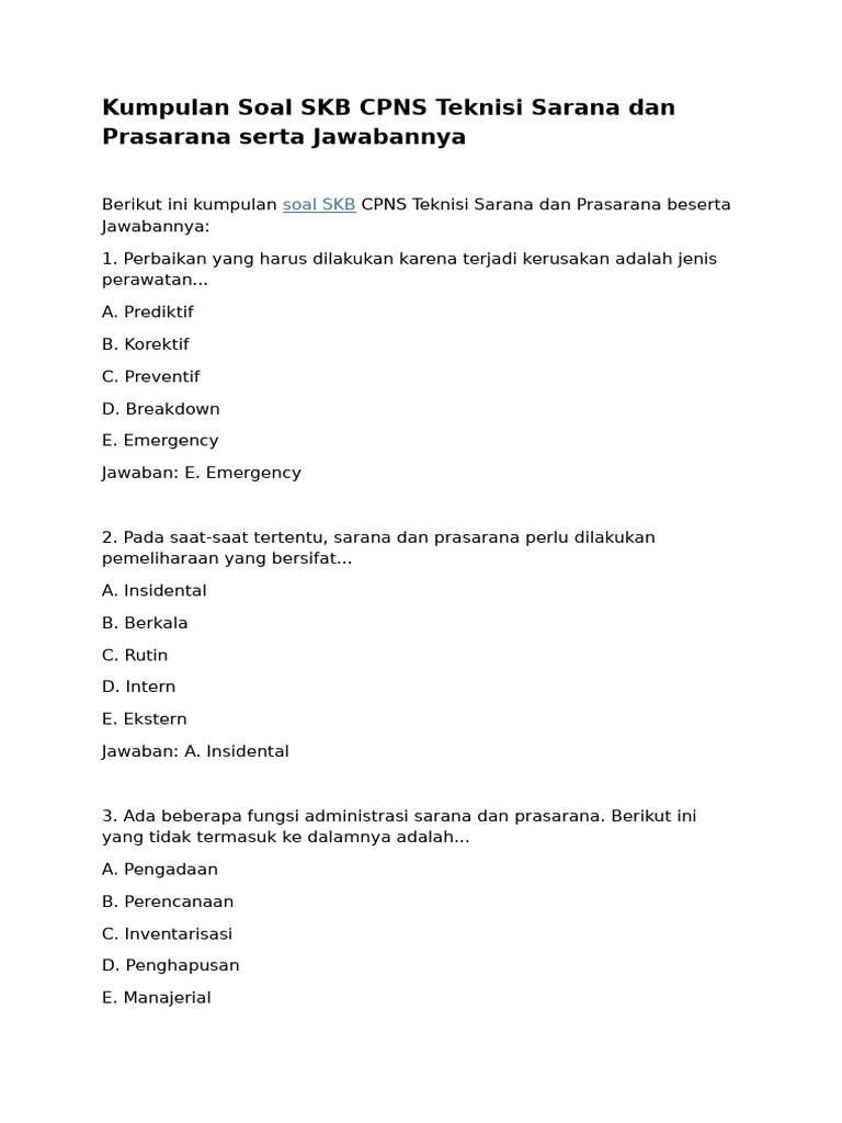 Kumpulan Soal SKB CPNS Teknisi Sarana dan Prasarana serta Jawabannya | PDF
