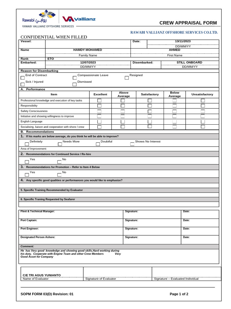 ETO AHMED Crew Appraisal Form Rev 01 | PDF | Water Transport | Shipping