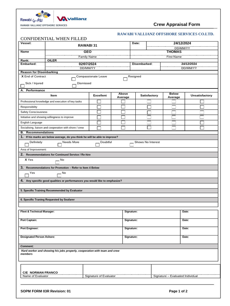 Crew Appraisal Form for Oiler | PDF | Water Transport | Ships