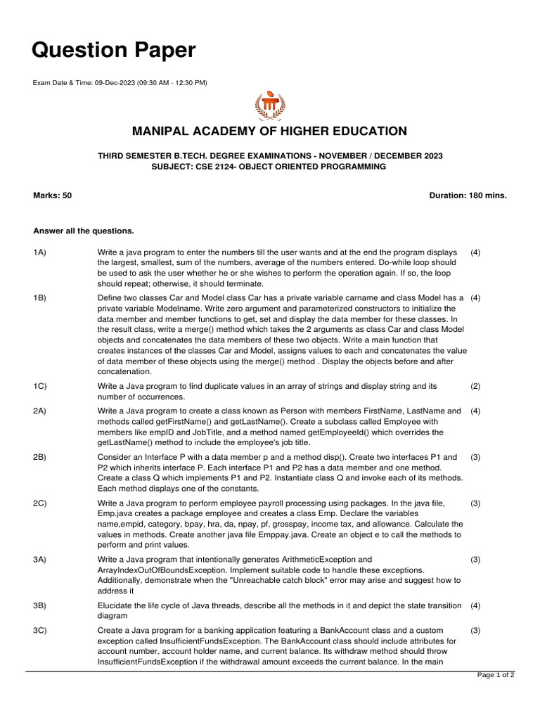 CSE 2124 Exam Paper - OOP Concepts | PDF | Method (Computer Programming ...