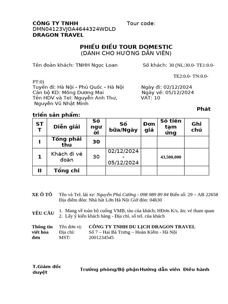 Phiếu Điều Tour | PDF