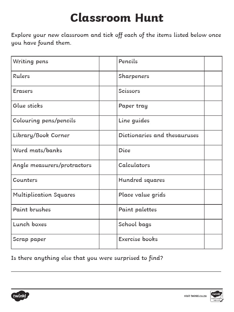 Classroom Supply Scavenger Hunt | PDF