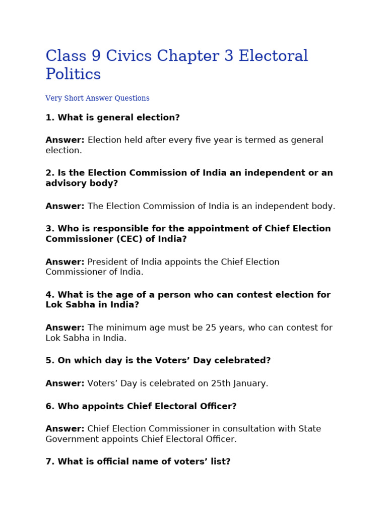 Class 9 Civics Chapter 3 Electoral Politics | PDF | Elections | Voting