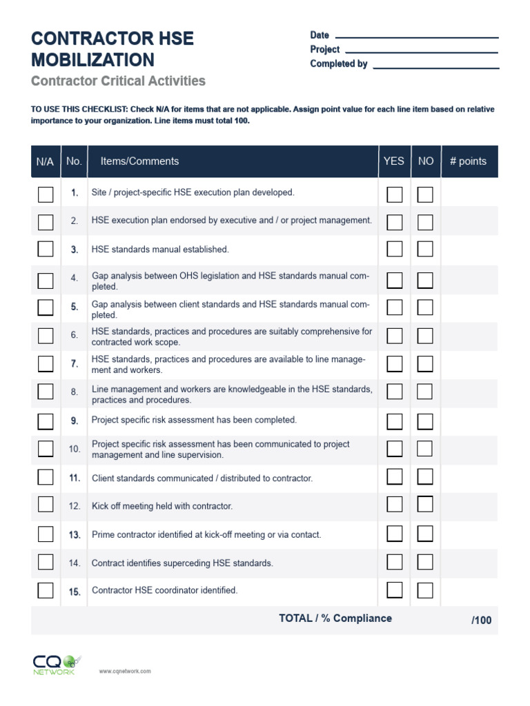 Contractor HSE Mobilization Checklist CQN | PDF